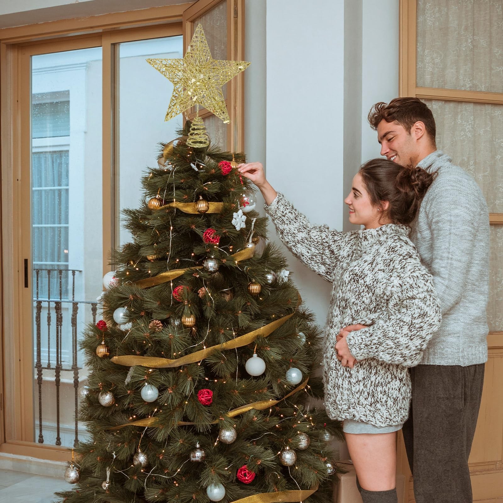 COMNICO Christmas Tree Topper Glittering Gold Hollow Small Star Mini ...