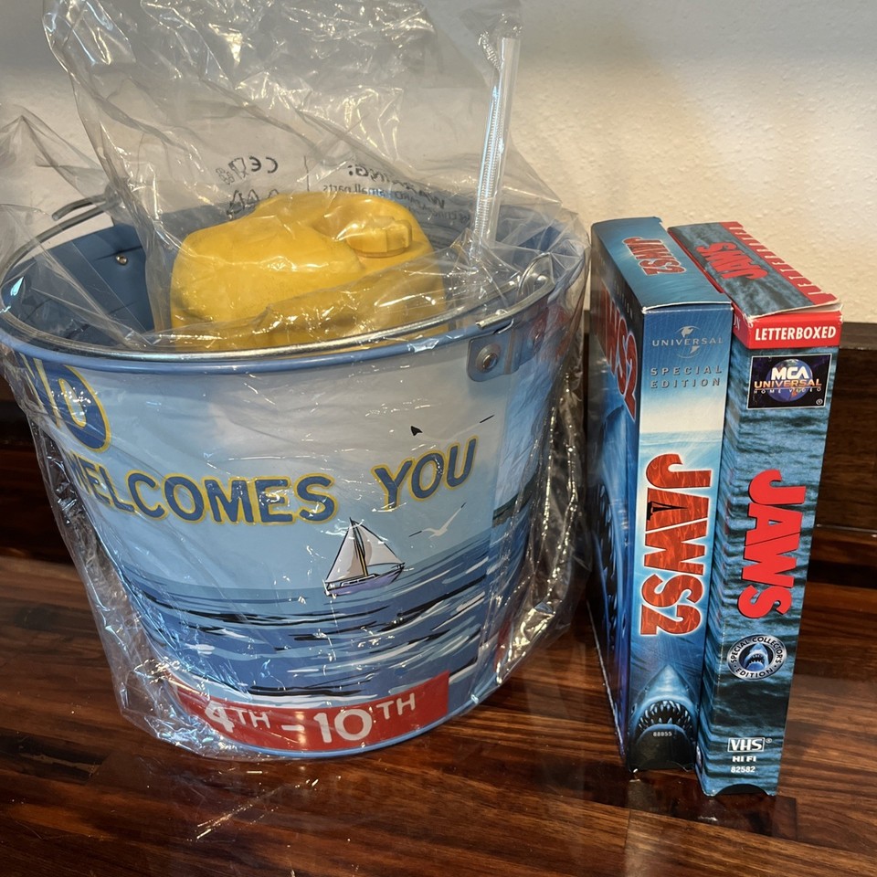 Jaws 50th Anniversary Popcorn Bucket Tin & Barrel Cup Combo - VHS Jaws ...