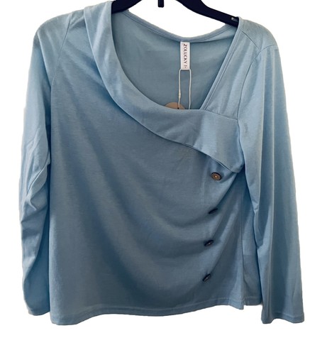 NWT Zolucky Woman's Top Blue Jersey Asymmetrical Side Wood Buttons ...