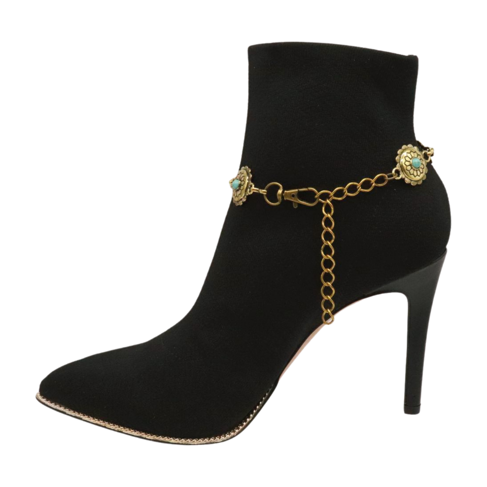 Women Gold Metal Boot Chain Bracelet Shoe Charm Turquoise Bling Flower ...