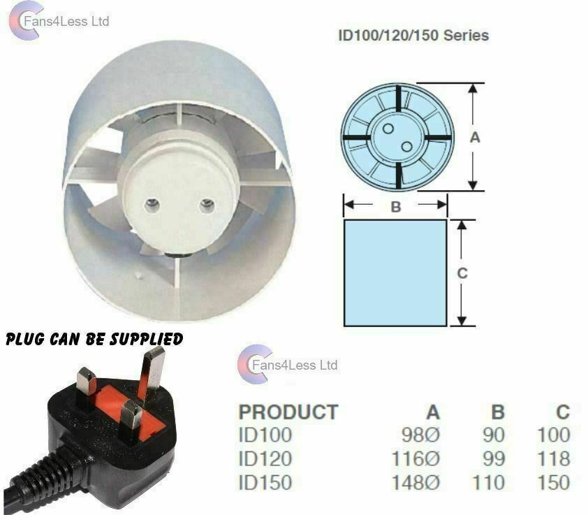 Manrose Inline Standard Model Bathroom Extractor Fan Plug Hydroponics 4 ...