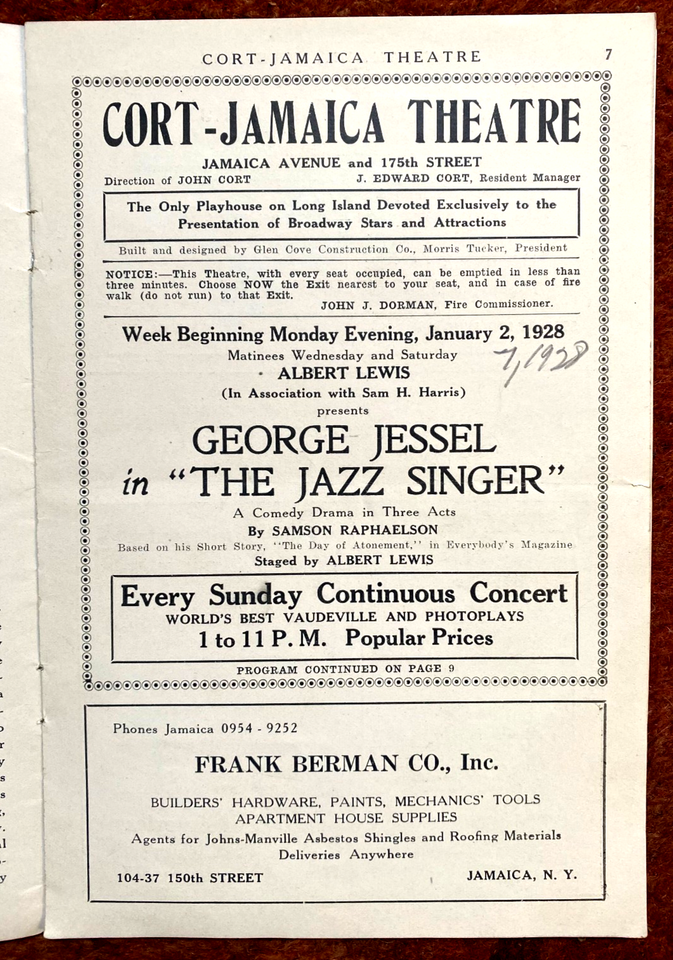 THE JAZZ SINGER theatre program 1928 starring George Jessel, Jolson ...