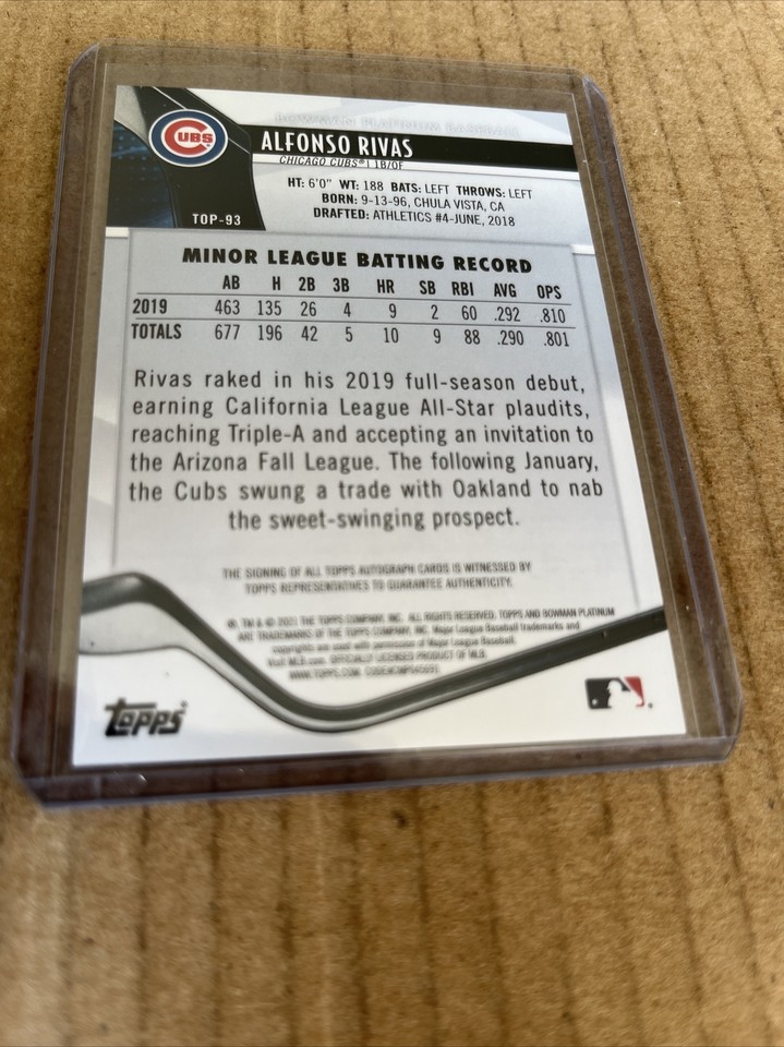 2021 Bowman Platinum AUTO Alfonso Rivas #TOP-93 Prospects CUBS Card (b3 ...