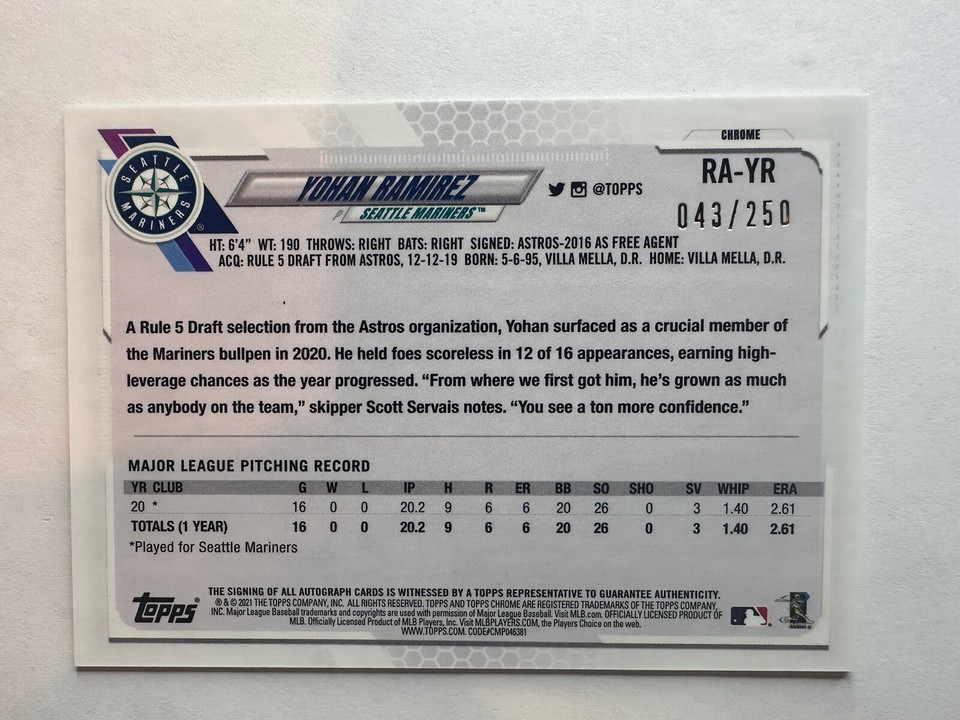 Yohan Ramirez 2021 Topps Chrome Rookie Autograph Purple Refractor /250 ...