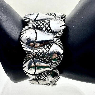 Vintage Heavy Sterling Carved FISH Cuff Bracelet | eBay