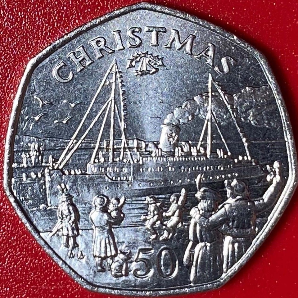 1990-AA ISLE OF MAN 50 PENCE CHRISTMAS SHIP BOAT CAT 7-SIDED COIN CuNi ...