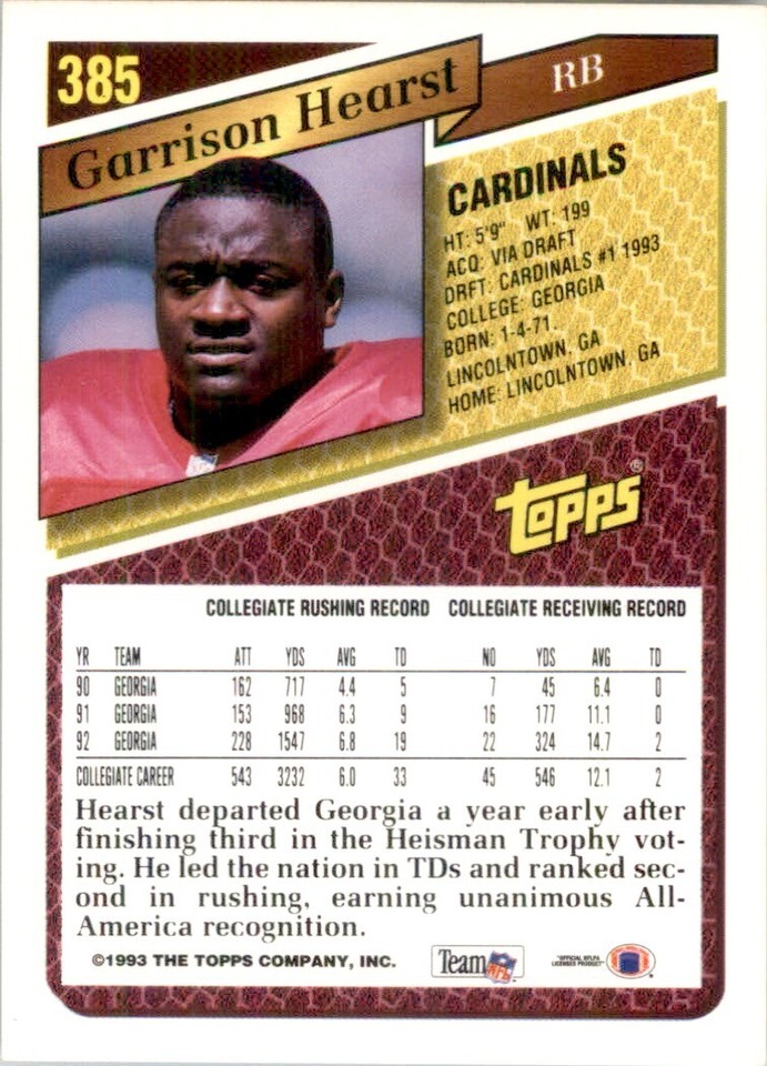 1993 Topps Gold Garrison Hearst RC Phoenix Cardinals #385 | eBay