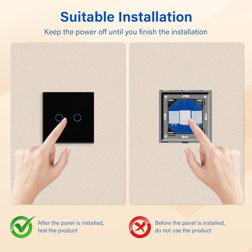 Touch Sensitive Light Switch 2 Gang 1 Way Tempered Glass and LED ...