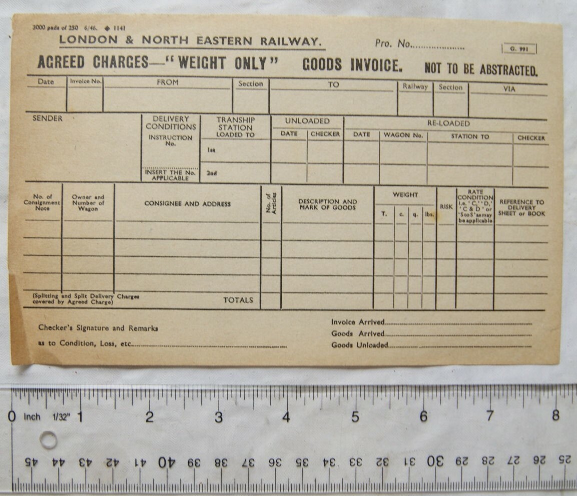 1941 London & North Eastern Railway Minerals Invoice, Morningside ...