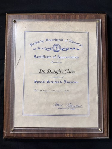 1994 Kentucky Dept of Education Plaque Dr. Dwight Cline Services ...