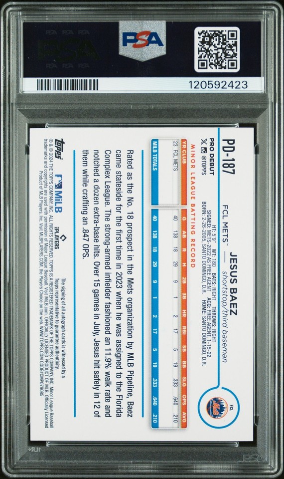 2024 TOPPS PRO DEBUT AUTO #PD187 JESUS BAEZ PSA 8 AUTO 10 | eBay
