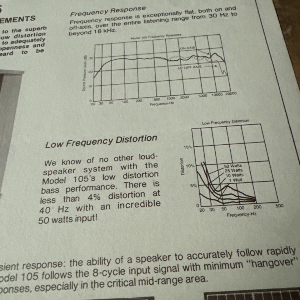 AVID MODEL 105 HIGH FIDELITY SPEAKER ORIGINAL SPECIFICATIONS SPEC SHEET ...