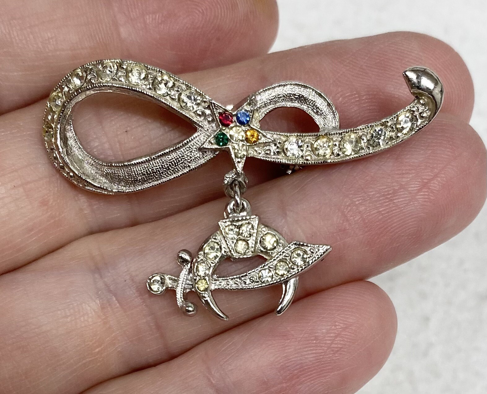 Vintage ORA Masonic Shriner Freemason Brooch Silverto… - Gem