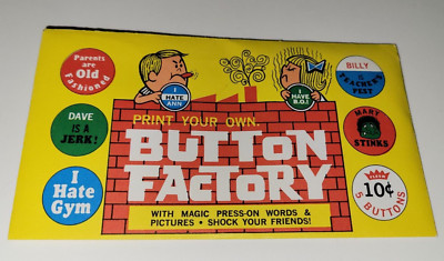 1970 BUTTON FACTORY Unopened 10 cent SEALED WAX CARD BUTTON PACK Fleer ...