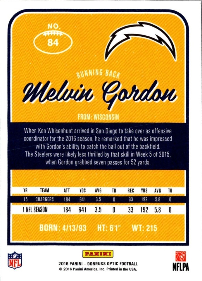 2016 Donruss Optic Melvin Gordon #84 San Diego Chargers Football Card ...