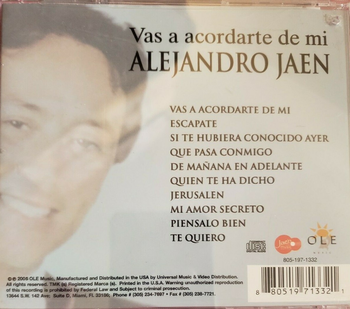 Vas a Acordarte de Mi by Alejandro Jaén (CD, Dec-2004, Ole Music ...