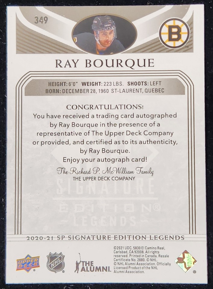 RAY BOURQUE 2020-21 Upper Deck SP Signature Edition Legends BLACK AUTO ...