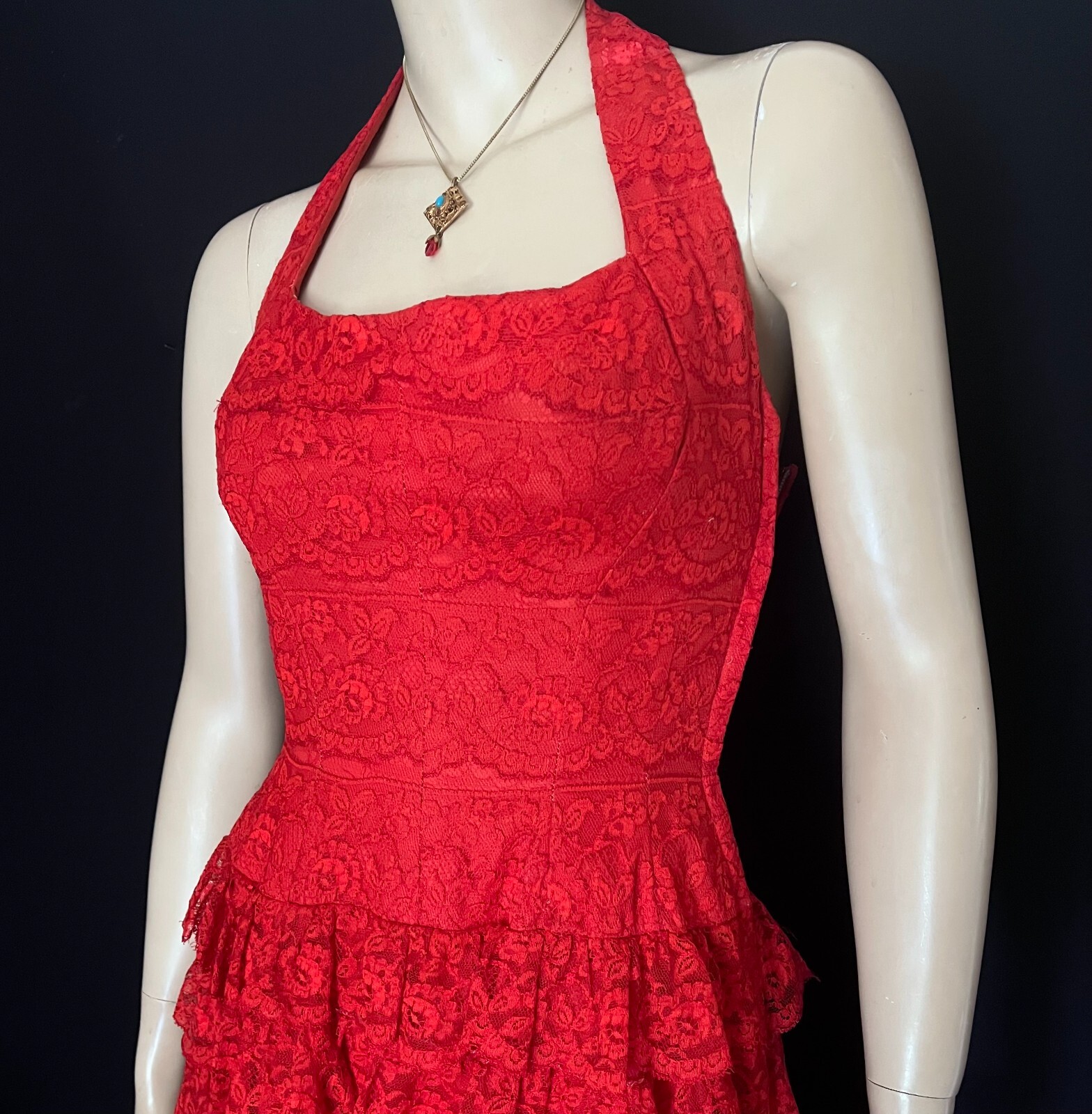 Hot Fire Engine Red 1950s Halter Dress, Tiered, Ruffl… - Gem