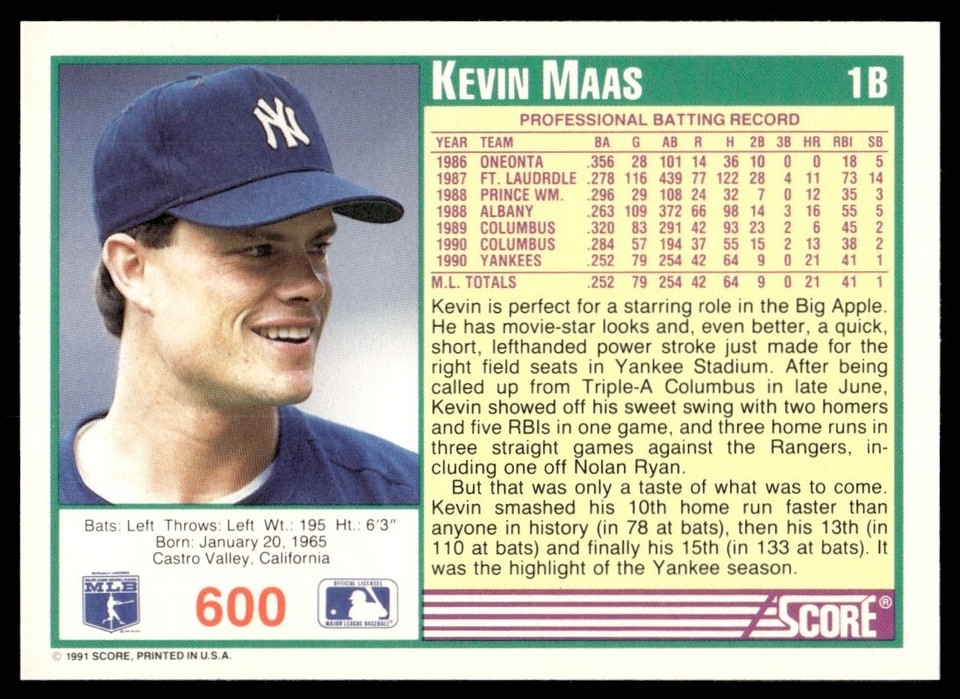 1991 Score Baseball Card Kevin Maas New York Yankees #600 | eBay