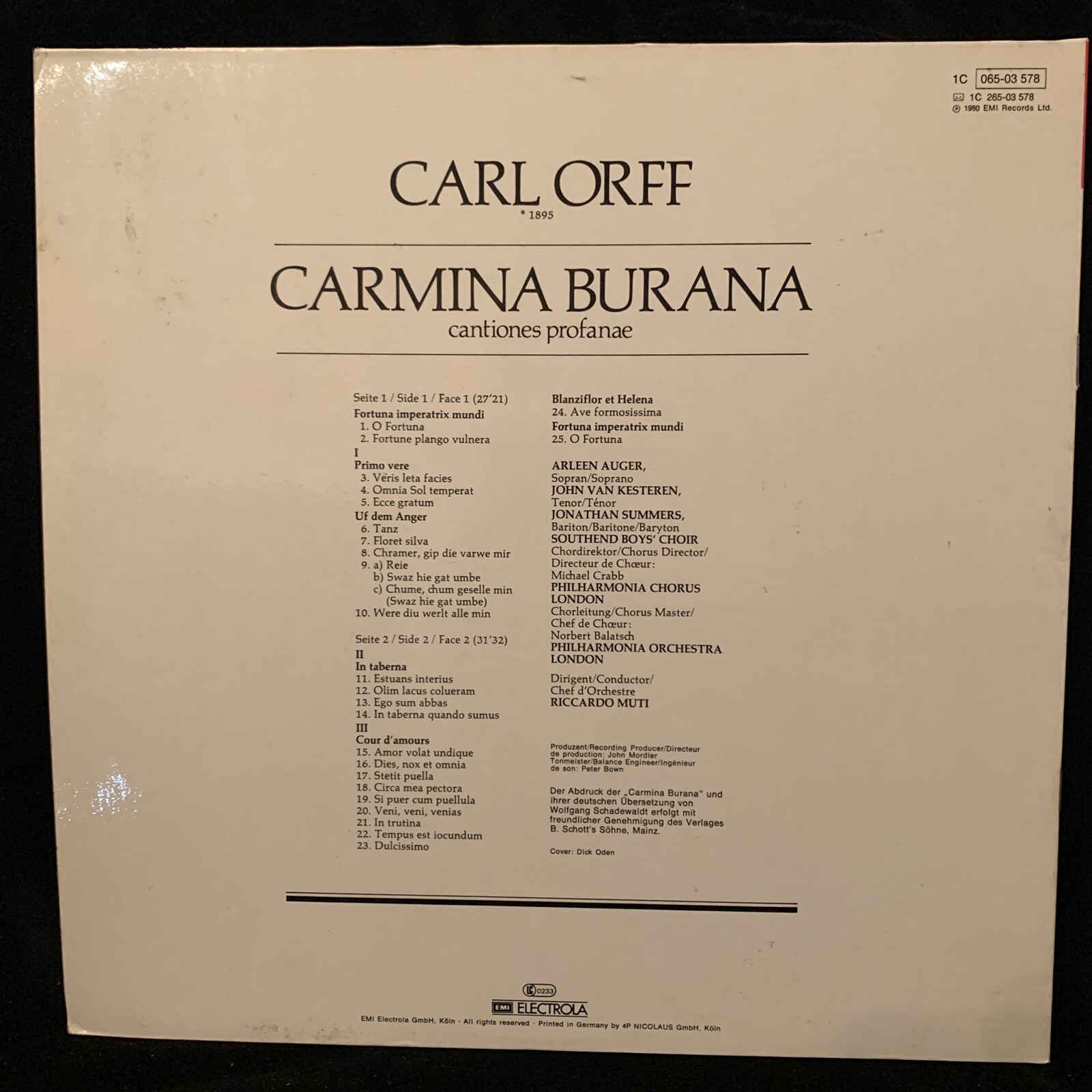 ORFF, CARL - Carmina Burana - RICCARDO MUTI, Auger, Philharmonia - EMI ...