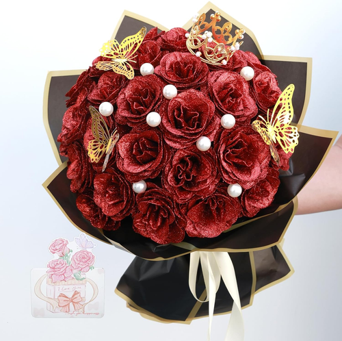 24 Red Glitter Roses Bouquet – Stunning for Valentine’s, Weddings ...