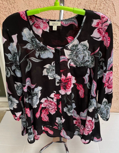 Style & Co Womens Top With A Line Swing Bottom Black Floral Large | eBay
