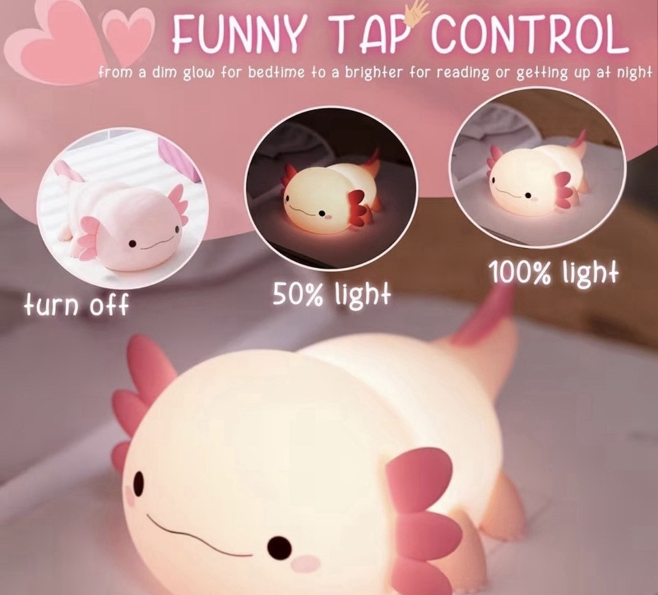 Axolotl LED Night Light Cute Tap Control Silicone Lamp USB Rechargeable ...