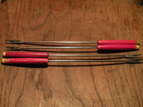 4 Vintage Red Handled Fondue Forks With Colored Tips Stainless Japan | eBay