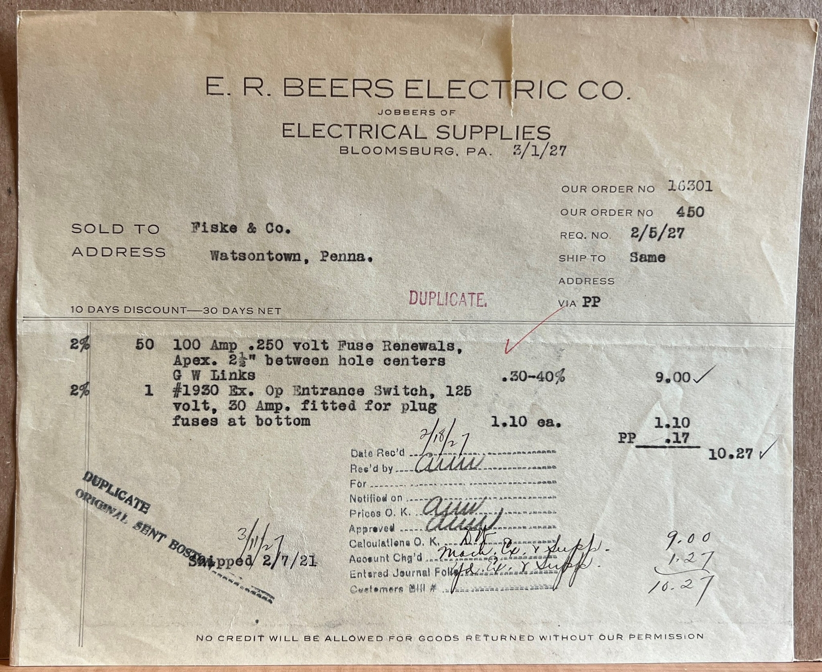 1927 Invoice E. R. Beers Electric Co Bloomsburg PA Pennsylvania | eBay