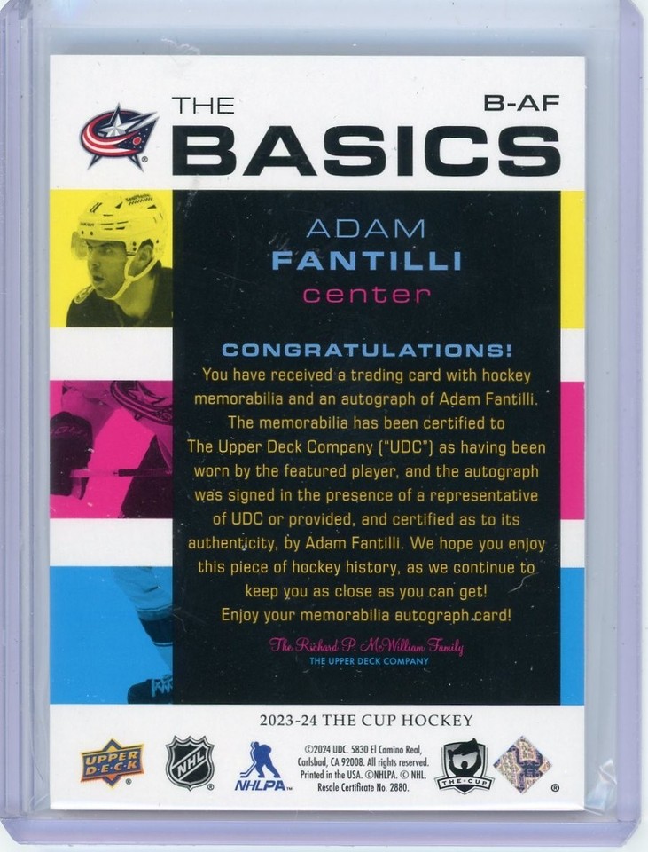 2023-24 U.D. THE CUP THE BASICS Autograph & 2/c PATCH #8/25 CBJ Adam ...