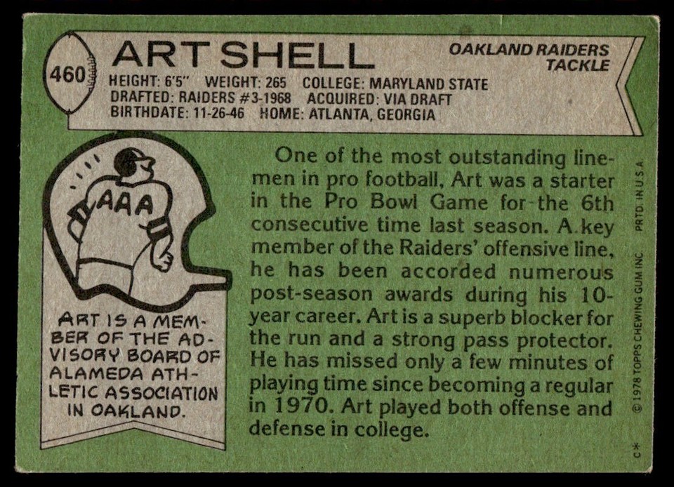 1978 Topps Football Card Art Shell Oakland Raiders #460 | eBay