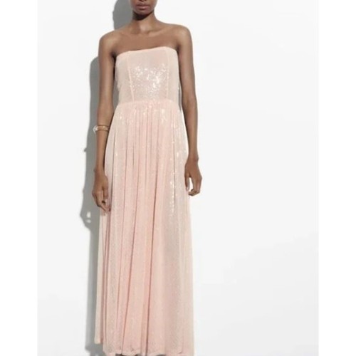 Zara Powder Pink Sequin Strapless Maxi Dress Stretch Fit Size Medium | eBay