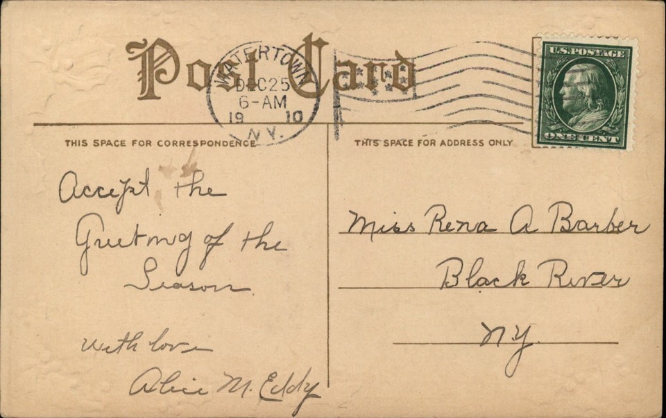 Christmas poem Old English font embossed 1910 to RENA BARBER Black ...