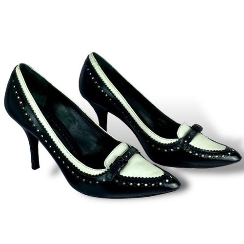 Tory Burch Spectator Pumps 6M Black Brogue Leather Pointy Toe Mid Heels ...