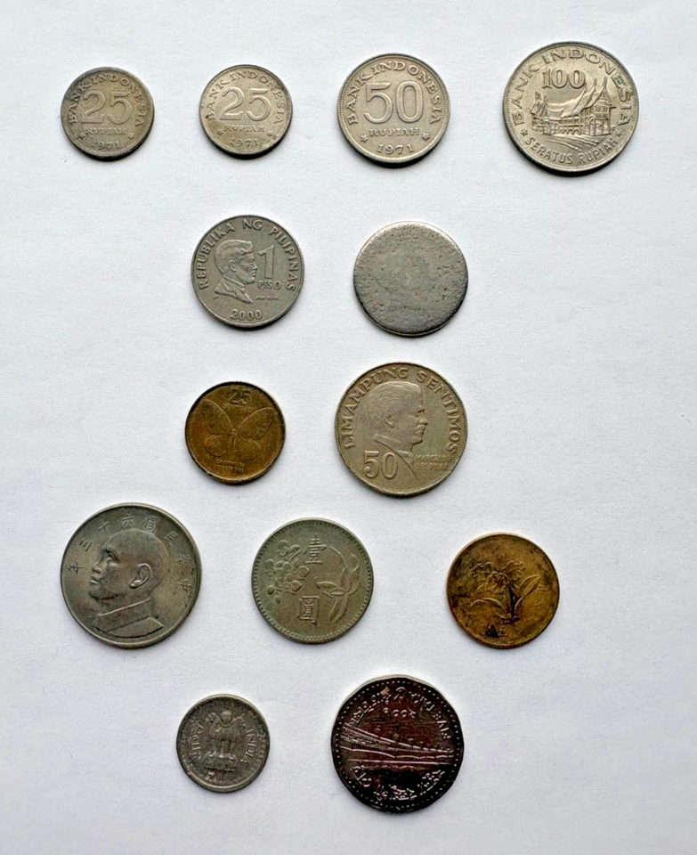 Asian 13 Coins Lot: 4 Indonesia, 4 Philippines, 3 Taiwan, 1 India, 1 ...