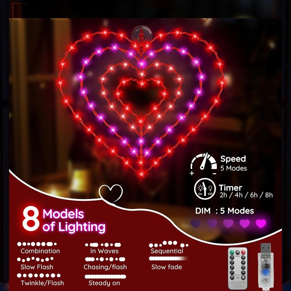 Valentines Day Decor Heart Window Light, Red Pink Rose Red Heart ...