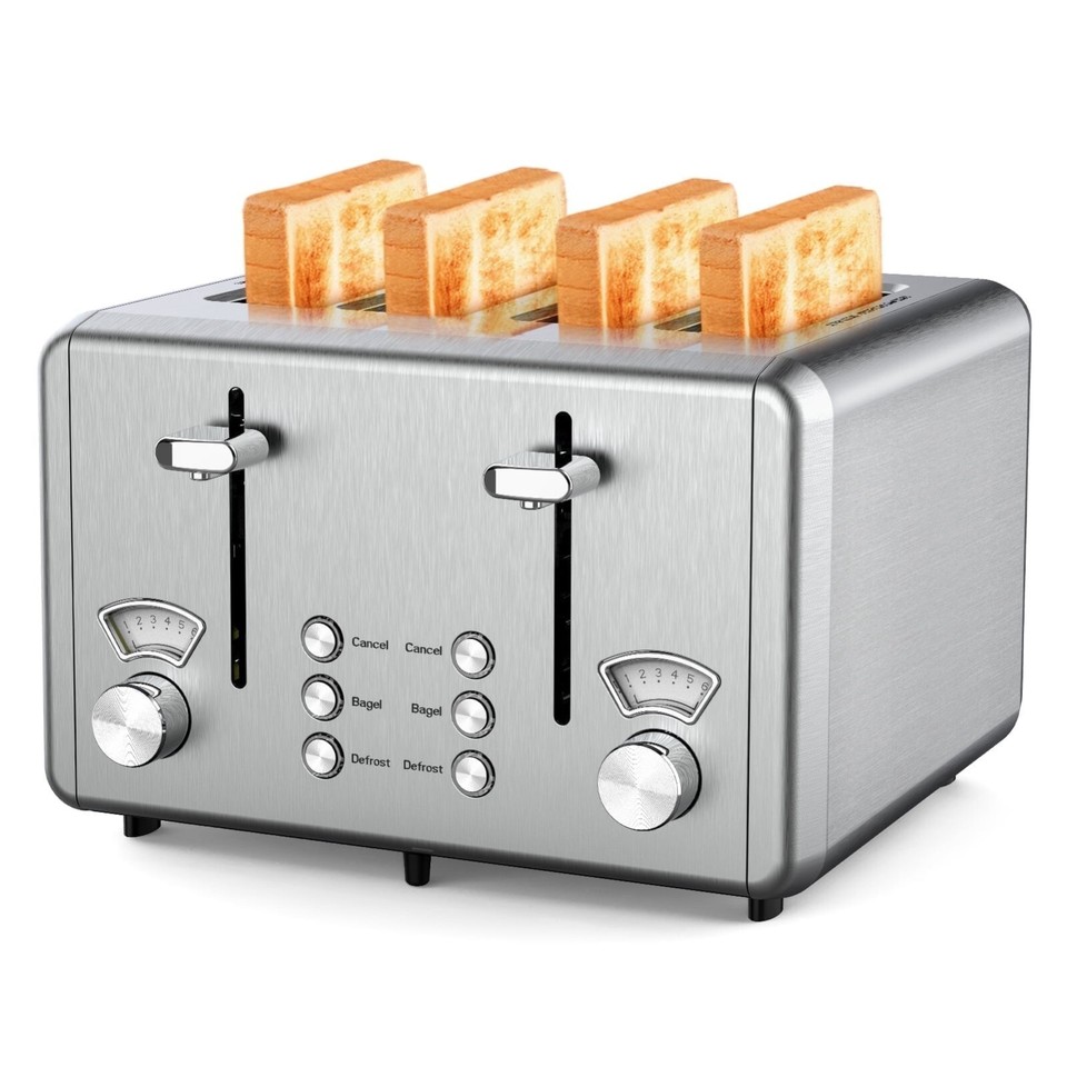 4 Slice Toaster - Stainless Steel Bagel Toaster w Dual Control Panels ...
