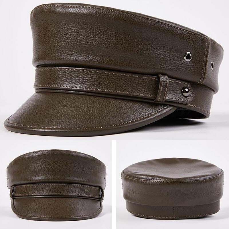 Men Genuine Leather Captain Sailor Hat Fiddler Flat Cap Driver Visor ...