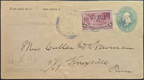 Crawfordville FL 8c Columbian 236 On 2c PSE Registered 1893 Wakulla ...