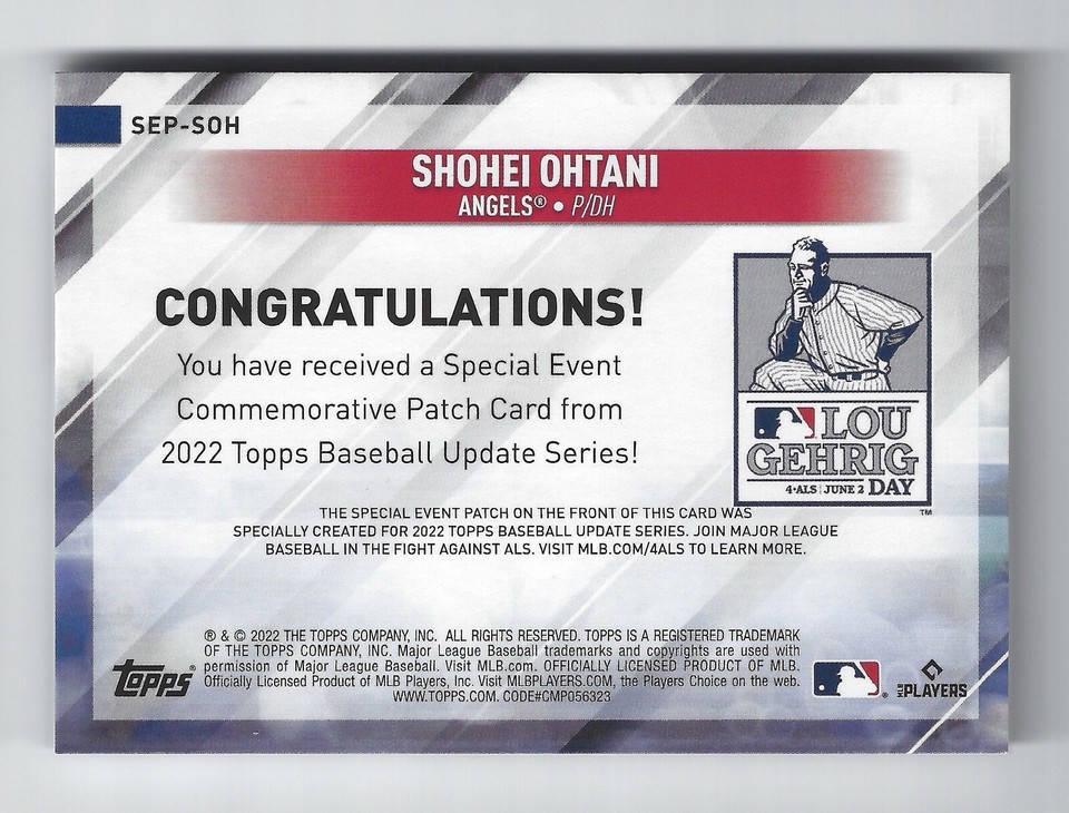 2022 Topps Update Shohei Ohtani Lou Gehrig Commemorative Patch #SEP-SOH ...