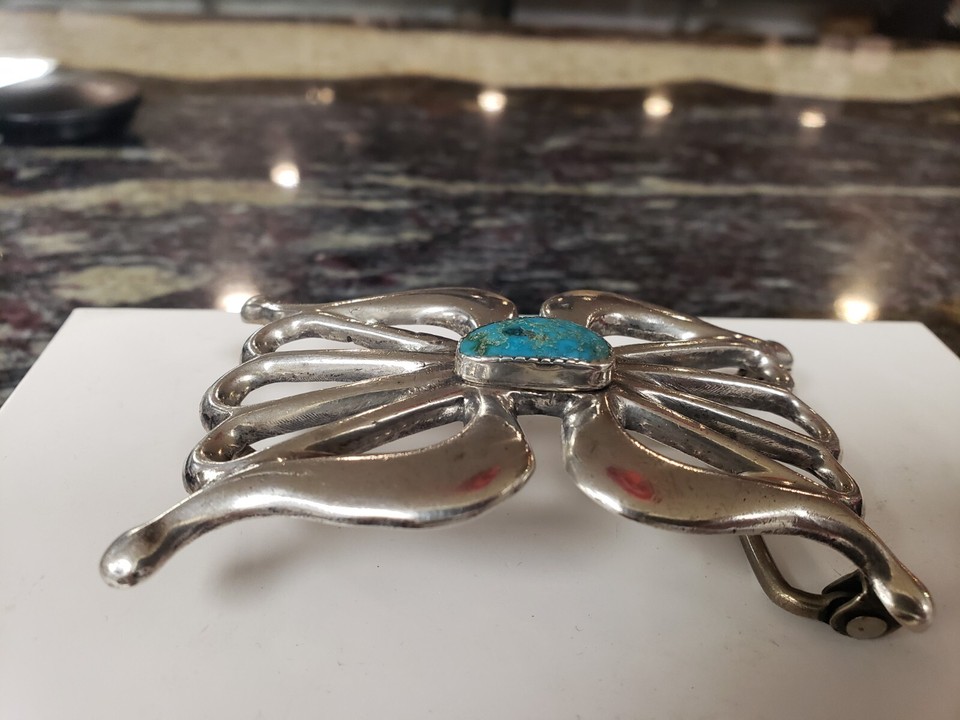 VINTAGE NATIVE AMERICAN TURQUOISE STERLING SILVER SAND CAST BELT BUCKLE ...