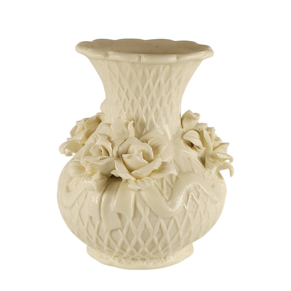 Ceramic Flower Vase Cream 4.5" Raised Roses Ribbons Lattice Textured ...