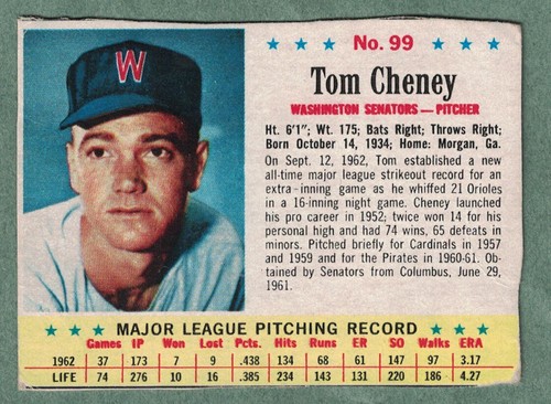 1963 Post #99, Tom Cheney, Washington Senators, No Creases or Marks | eBay