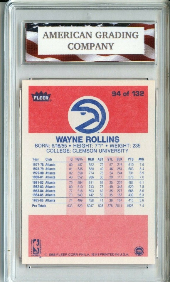1986 Fleer Basketball #94 Wayne Rollins AGC 9 Mint Atlanta Hawks | eBay
