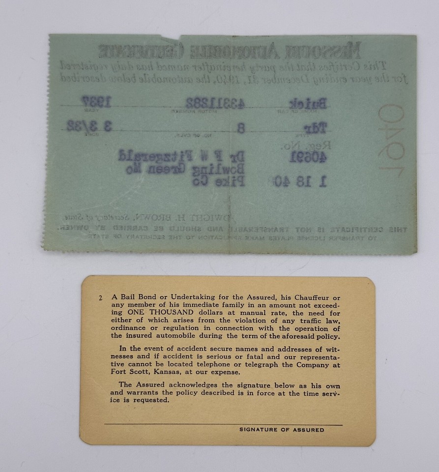 VTG 1940 Missouri Automobile Certificate License & Insurance Card | eBay