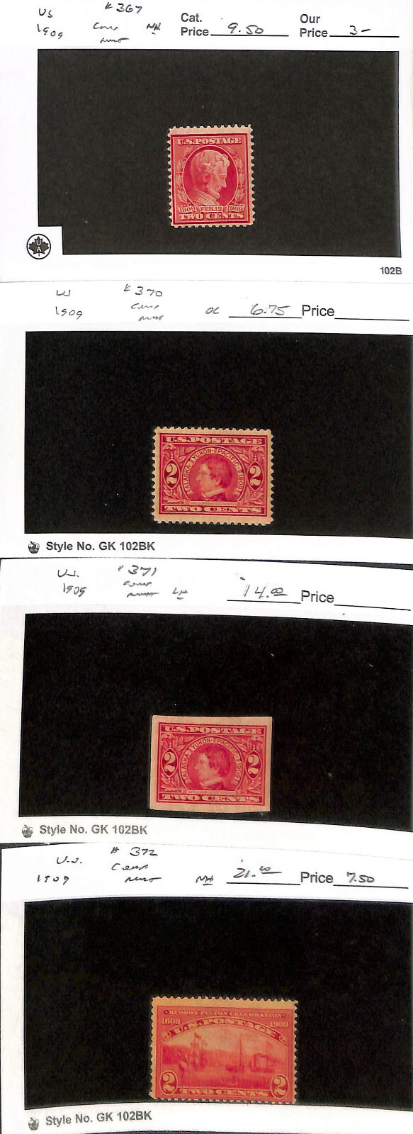 United States Postage Stamp, #367, 372 Mint NH, 370-371 Hinged, 1909 ...