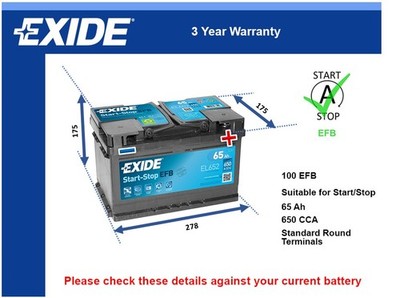 EFB Car Battery EL652 Exide 100 EFB 650A 65Ah 3Yr WTY 278x175x175 Start ...