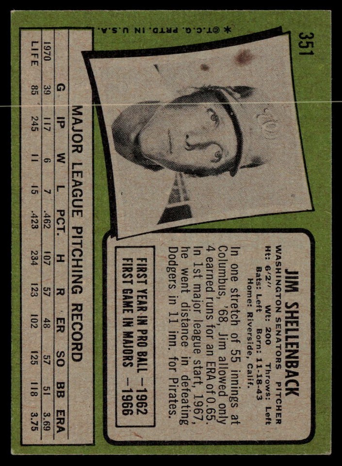 Jim Shellenback 1971 Topps #351 EX | eBay