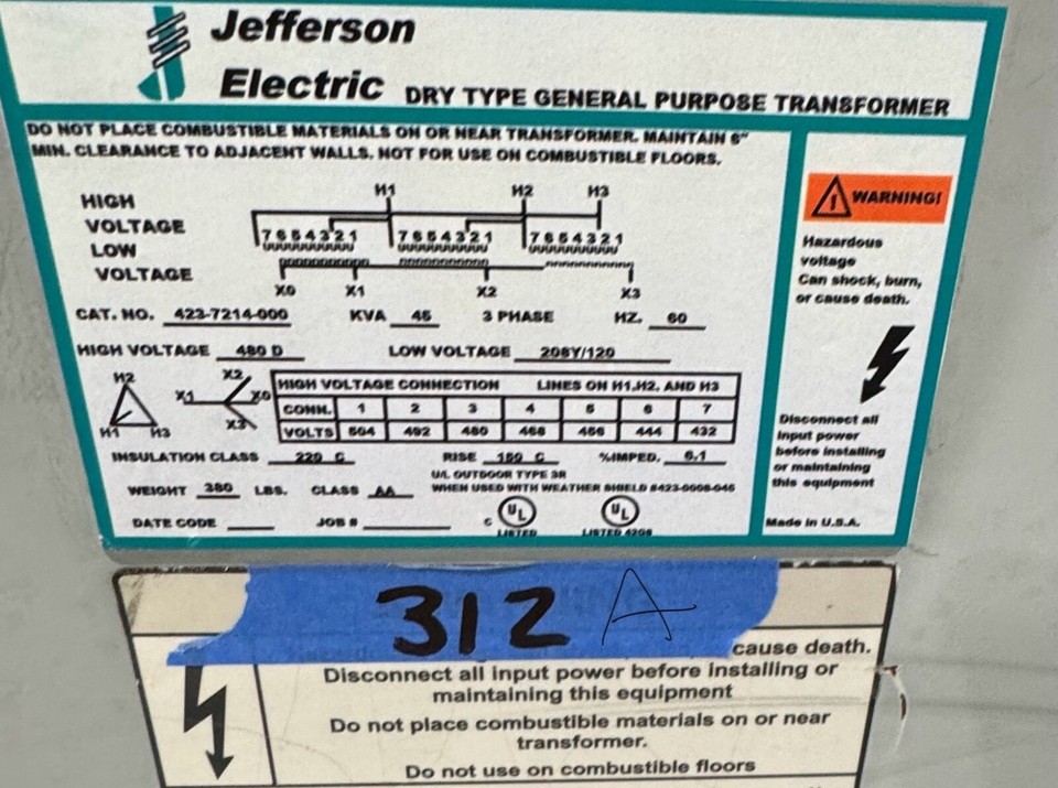 45kva Transformer 3 Phase 480v-208v/120v 460v 440v 220v 230V DELTA WYE ...