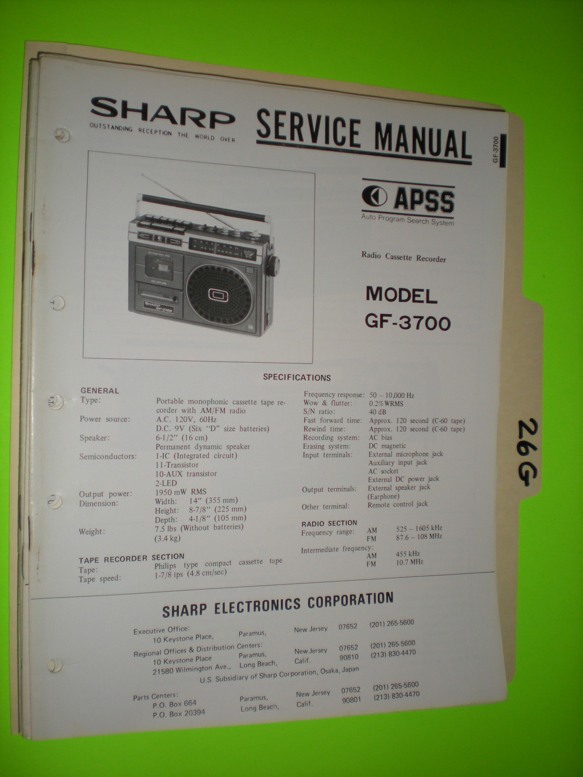 Sharp gf-3700 service manual original repair book stereo tape player ...